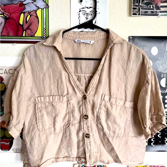 Zara | Tops | Zara Cropped Linen Beige Button Up | Poshmark